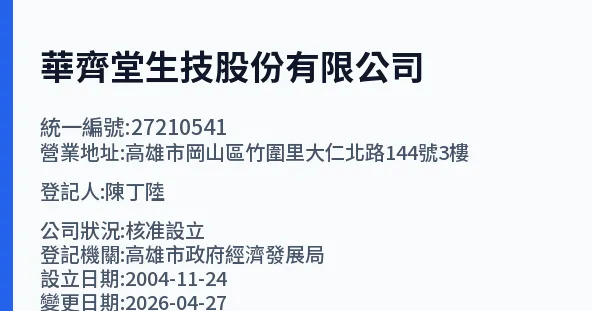 華齊堂生技股份有限公司的照片-統編 27210541(高雄市) 公司登記資料與營業項目詳細圖表