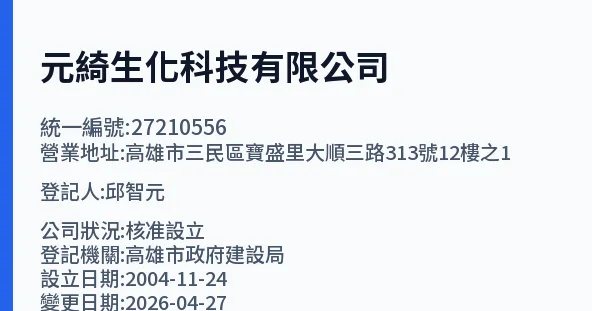 元綺生化科技有限公司的照片-統編 27210556(高雄市) 公司登記資料與營業項目詳細圖表