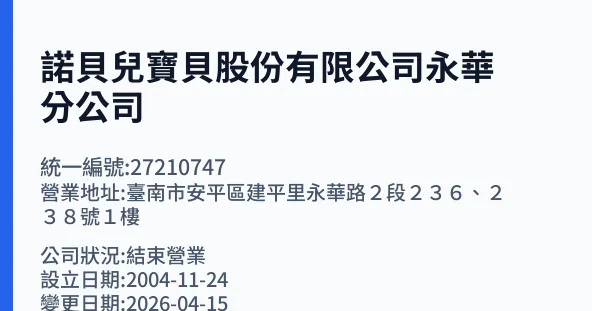 諾貝兒寶貝股份有限公司永華分公司的照片-統編 27210747(臺南市) 公司登記資料與營業項目詳細圖表