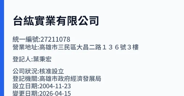 台紘實業有限公司的照片-統編 27211078(高雄市) 公司登記資料與營業項目詳細圖表