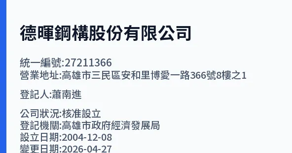 德暉鋼構股份有限公司的照片-統編 27211366(高雄市) 公司登記資料與營業項目詳細圖表
