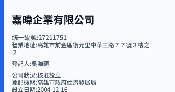 嘉暐企業有限公司的照片-統編 27211751(高雄市) 公司登記資料與營業項目詳細圖表