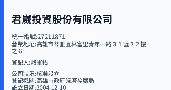 君崴投資股份有限公司的照片-統編 27211871(高雄市) 公司登記資料與營業項目詳細圖表