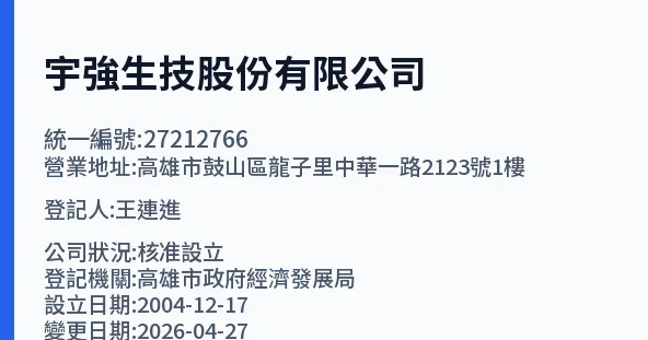 宇強生技股份有限公司的照片-統編 27212766(高雄市) 公司登記資料與營業項目詳細圖表