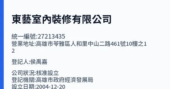 東藝室內裝修有限公司的照片-統編 27213435(高雄市) 公司登記資料與營業項目詳細圖表