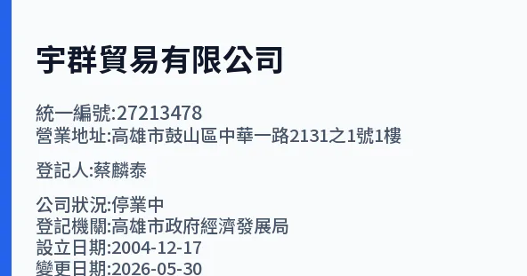 宇群貿易有限公司的照片-統編 27213478(高雄市) 公司登記資料與營業項目詳細圖表