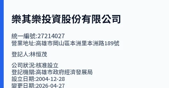 樂其樂投資股份有限公司的照片-統編 27214027(高雄市) 公司登記資料與營業項目詳細圖表