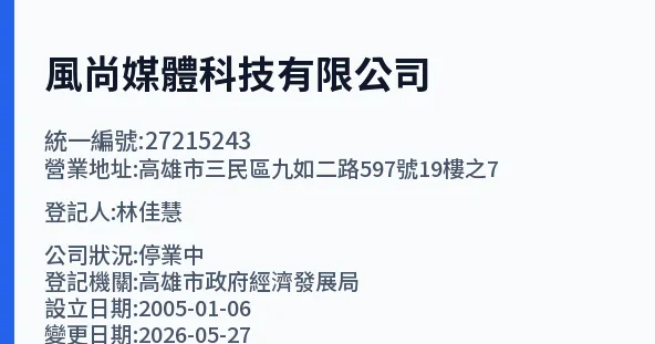 風尚媒體科技有限公司的照片-統編 27215243(高雄市) 公司登記資料與營業項目詳細圖表