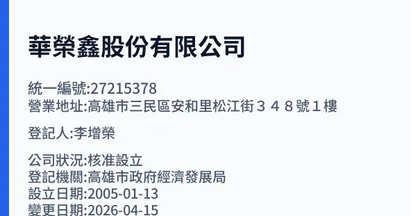 華榮鑫股份有限公司的照片-統編 27215378(高雄市) 公司登記資料與營業項目詳細圖表