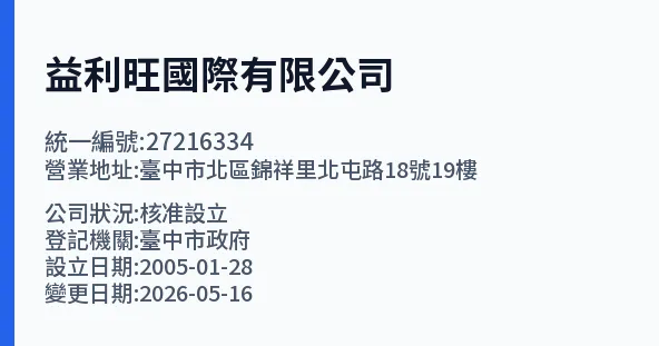 益利旺國際有限公司的照片-統編 27216334(臺中市) 公司登記資料與營業項目詳細圖表