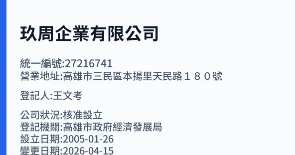 玖周企業有限公司的照片-統編 27216741(高雄市) 公司登記資料與營業項目詳細圖表