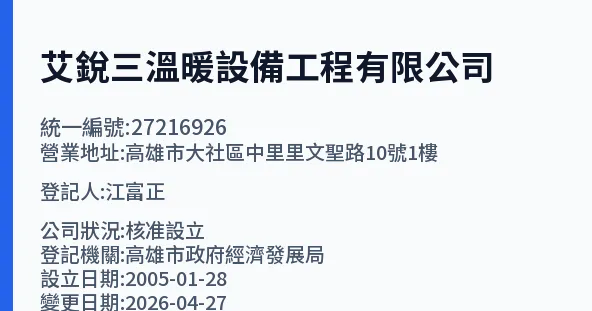 艾銳三溫暖設備工程有限公司的照片-統編 27216926(高雄市) 公司登記資料與營業項目詳細圖表
