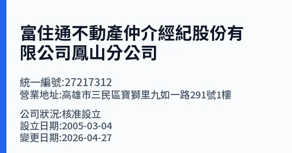 富住通不動產仲介經紀股份有限公司鳳山分公司的照片-統編 27217312(高雄市) 公司登記資料與營業項目詳細圖表