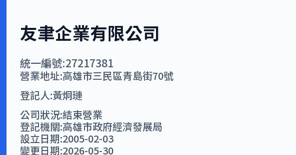友聿企業有限公司的照片-統編 27217381(高雄市) 公司登記資料與營業項目詳細圖表