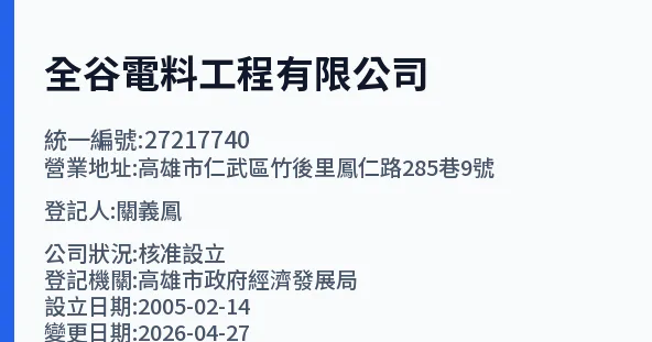全谷電料工程有限公司的照片-統編 27217740(高雄市) 公司登記資料與營業項目詳細圖表