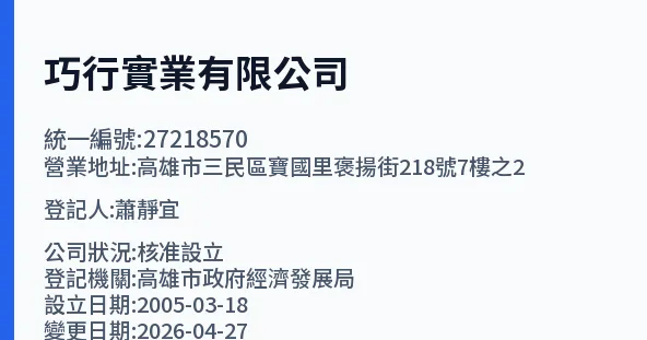 巧行實業有限公司的照片-統編 27218570(高雄市) 公司登記資料與營業項目詳細圖表
