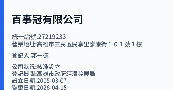 百事冠有限公司的照片-統編 27219233(高雄市) 公司登記資料與營業項目詳細圖表