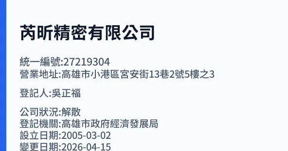 芮昕精密有限公司的照片-統編 27219304(高雄市) 公司登記資料與營業項目詳細圖表