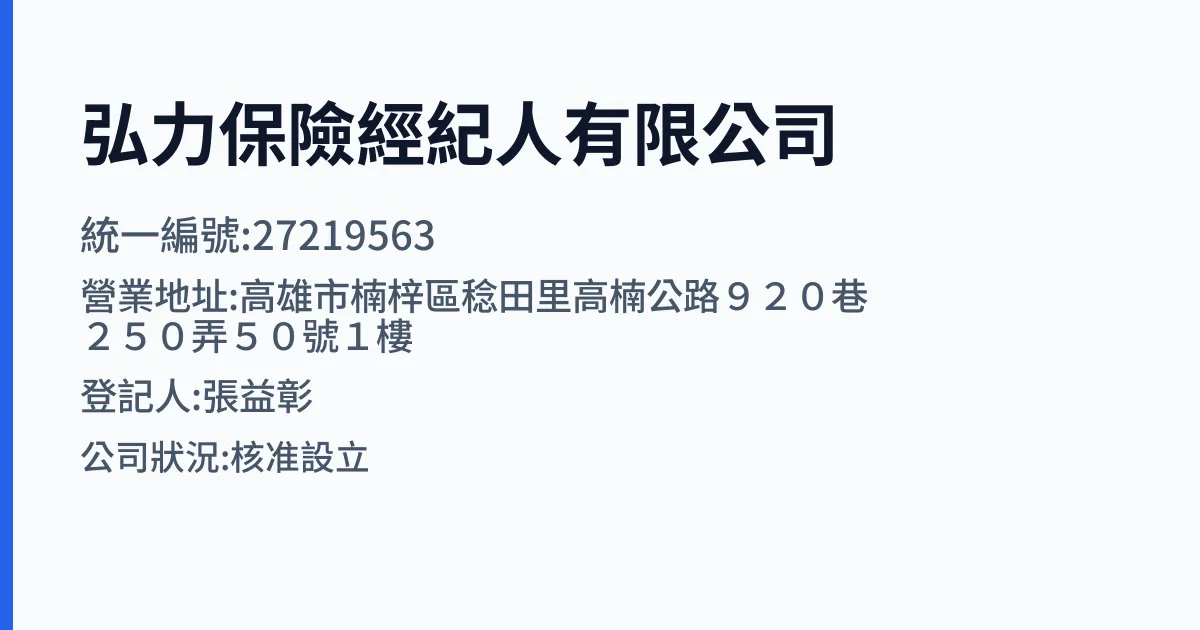 弘力保險經紀人有限公司 - 統編 27219563(高雄市) 公司登記資料與營業項目詳細圖表