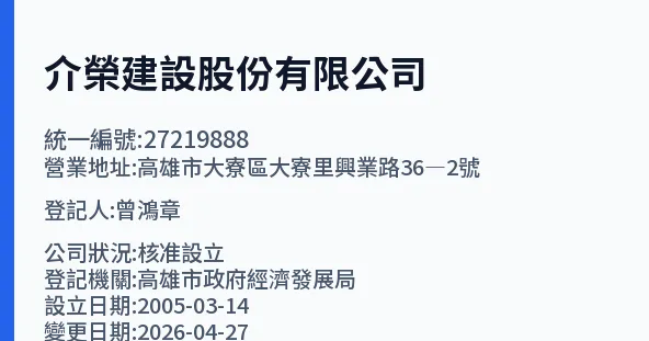 介榮建設股份有限公司的照片-統編 27219888(高雄市) 公司登記資料與營業項目詳細圖表