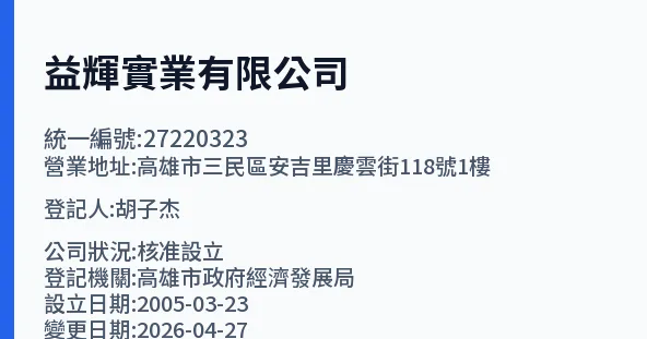 益輝實業有限公司的照片-統編 27220323(高雄市) 公司登記資料與營業項目詳細圖表