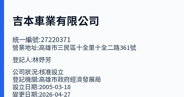 吉本車業有限公司的照片-統編 27220371(高雄市) 公司登記資料與營業項目詳細圖表
