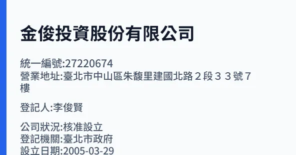 金俊投資股份有限公司的照片-統編 27220674(臺北市) 公司登記資料與營業項目詳細圖表