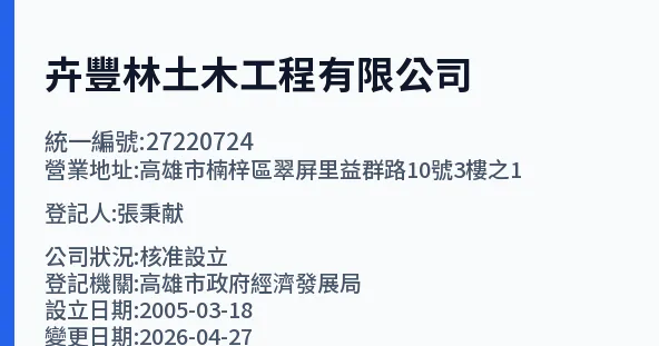 卉豐林土木工程有限公司的照片-統編 27220724(高雄市) 公司登記資料與營業項目詳細圖表