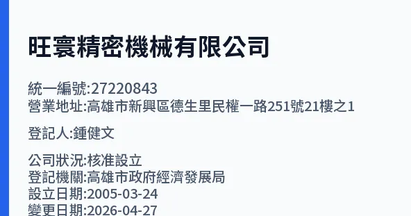 旺寰精密機械有限公司的照片-統編 27220843(高雄市) 公司登記資料與營業項目詳細圖表