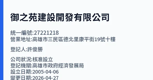 御之苑建設開發有限公司的照片-統編 27221218(高雄市) 公司登記資料與營業項目詳細圖表