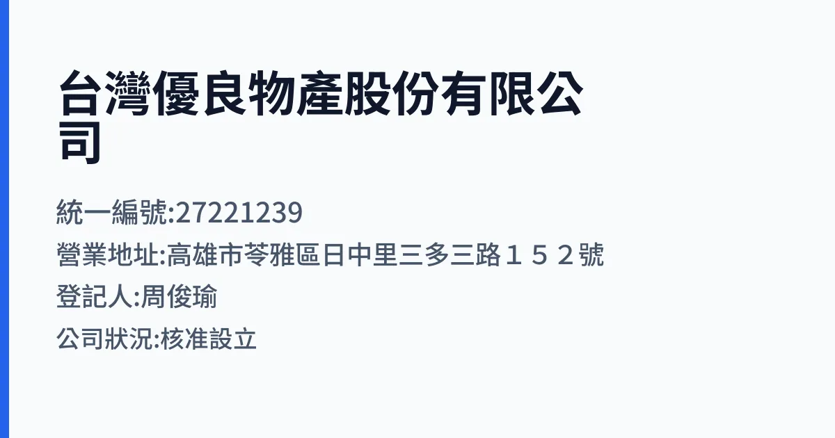 台灣優良物產股份有限公司 - 統編 27221239(高雄市) 公司登記資料與營業項目詳細圖表