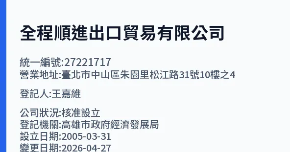 全程順進出口貿易有限公司的照片-統編 27221717(臺北市) 公司登記資料與營業項目詳細圖表