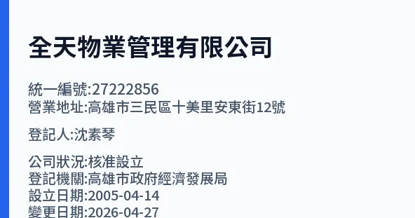 全天物業管理有限公司的照片-統編 27222856(高雄市) 公司登記資料與營業項目詳細圖表
