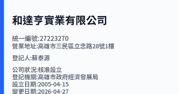 和達亨實業有限公司的照片-統編 27223270(高雄市) 公司登記資料與營業項目詳細圖表