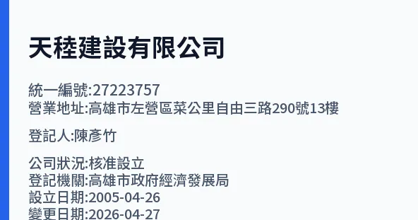 天稑建設有限公司的照片-統編 27223757(高雄市) 公司登記資料與營業項目詳細圖表
