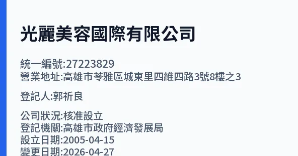 光麗美容國際有限公司的照片-統編 27223829(高雄市) 公司登記資料與營業項目詳細圖表