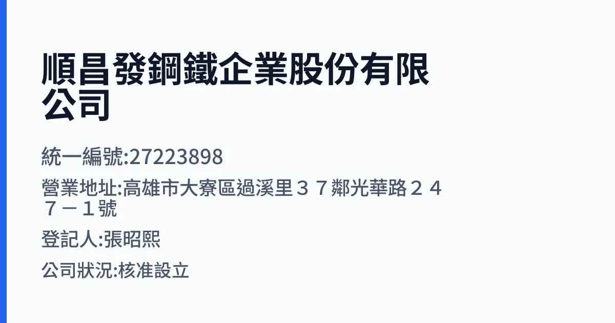 順昌發鋼鐵企業股份有限公司 - 統編 27223898(高雄市) 公司登記資料與營業項目詳細圖表
