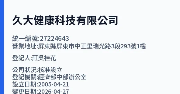 久大健康科技有限公司的照片-統編 27224643(屏東縣) 公司登記資料與營業項目詳細圖表