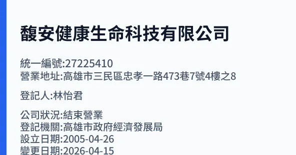 馥安健康生命科技有限公司的照片-統編 27225410(高雄市) 公司登記資料與營業項目詳細圖表
