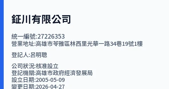 鉦川有限公司的照片-統編 27226353(高雄市) 公司登記資料與營業項目詳細圖表