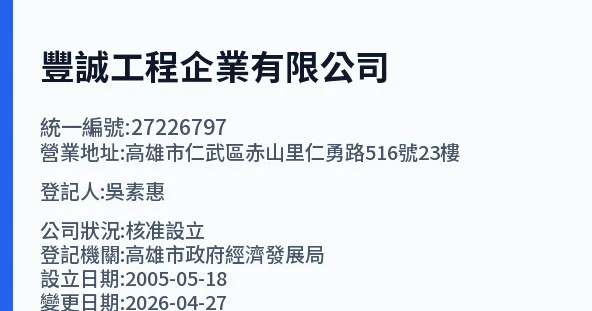 豐誠工程企業有限公司的照片-統編 27226797(高雄市) 公司登記資料與營業項目詳細圖表
