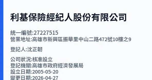 利基保險經紀人股份有限公司的照片-統編 27227515(高雄市) 公司登記資料與營業項目詳細圖表