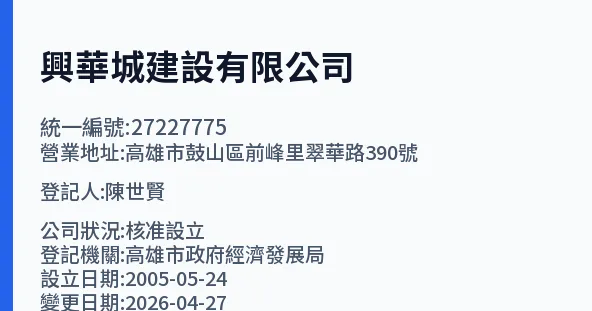 興華城建設有限公司的照片-統編 27227775(高雄市) 公司登記資料與營業項目詳細圖表