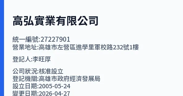 高弘實業有限公司的照片-統編 27227901(高雄市) 公司登記資料與營業項目詳細圖表
