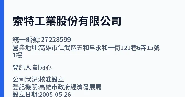索特工業股份有限公司的照片-統編 27228599(高雄市) 公司登記資料與營業項目詳細圖表