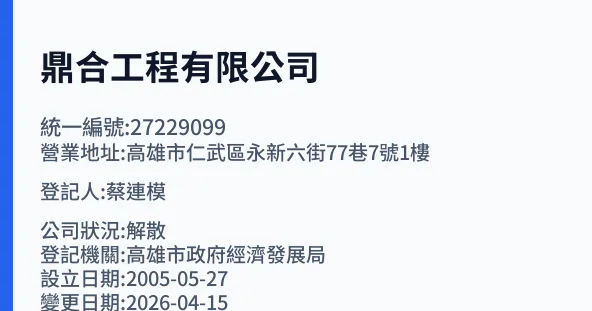 鼎合工程有限公司的照片-統編 27229099(高雄市) 公司登記資料與營業項目詳細圖表