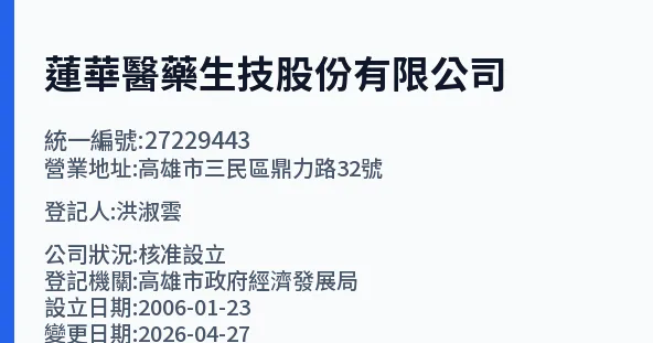 蓮華醫藥生技股份有限公司的照片-統編 27229443(高雄市) 公司登記資料與營業項目詳細圖表