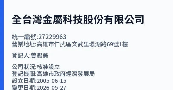 全台灣金屬科技股份有限公司的照片-統編 27229963(高雄市) 公司登記資料與營業項目詳細圖表