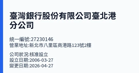 臺灣銀行股份有限公司臺北港分公司的照片-統編 27230146(新北市) 公司登記資料與營業項目詳細圖表