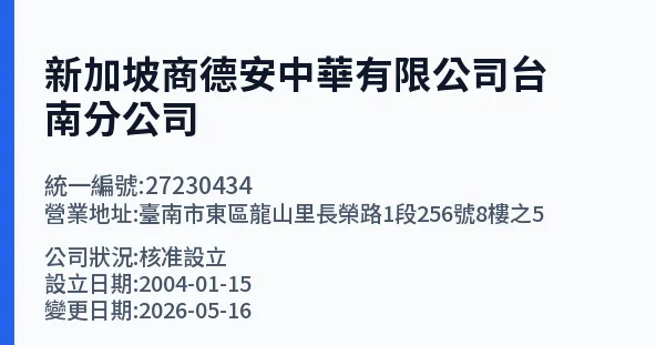 新加坡商德安中華有限公司台南分公司的照片-統編 27230434(臺南市) 公司登記資料與營業項目詳細圖表